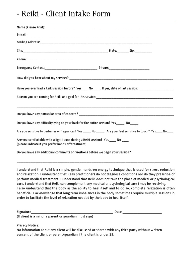 Reiki - Client Intake Form | Download Free PDF | Reiki | Relaxation ...
