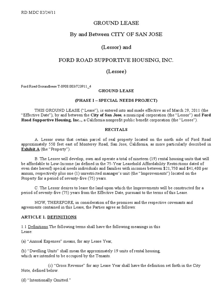Ground Lease by and Between City of San Jose (Lessor) and Ford Road ...