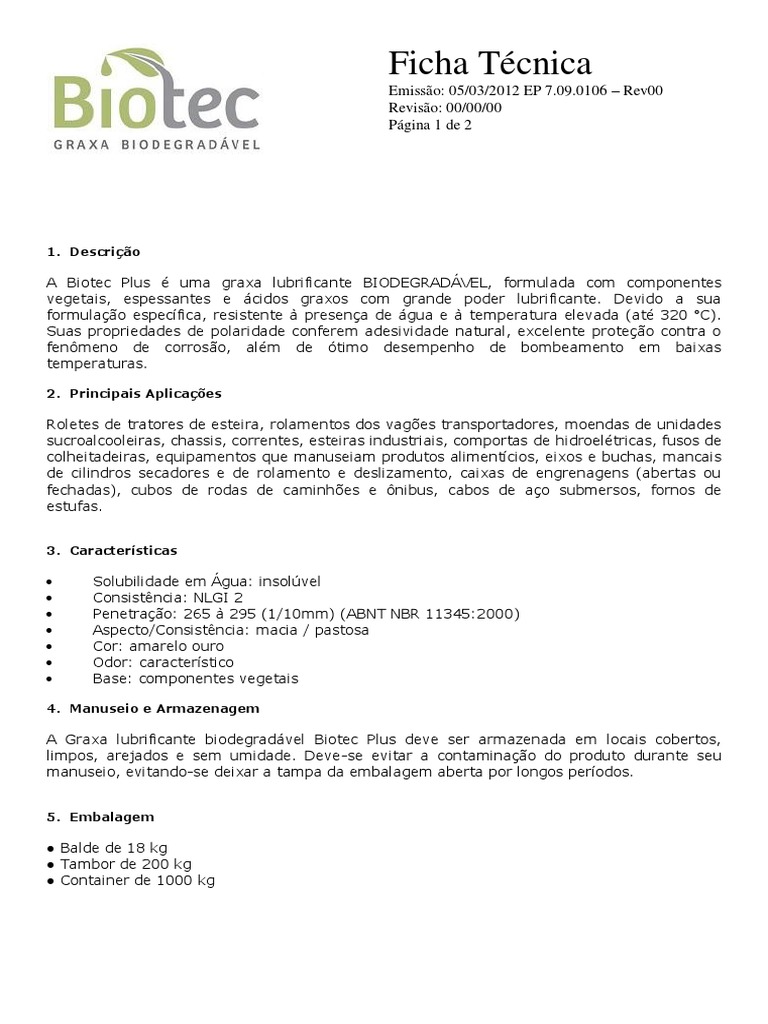 Ficha técnica da graxa lubrificante biodegradável Biotec Plus | PDF ...