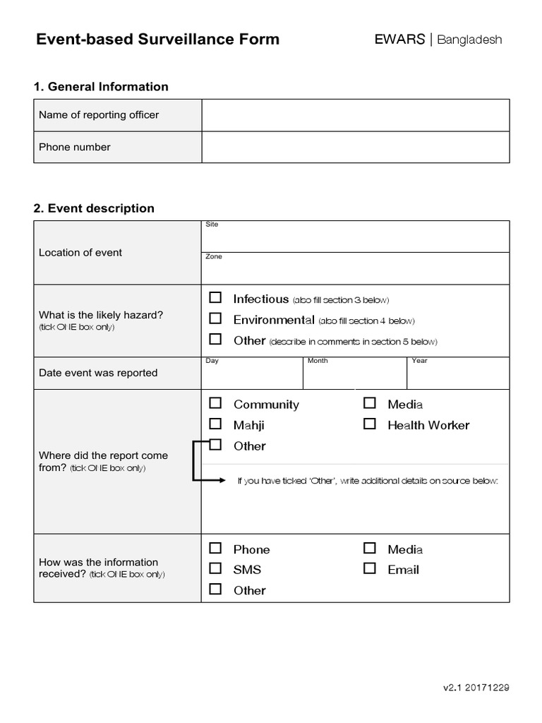 Event-Based Surveillance Form - 20171229 | PDF | Infection | Diarrhea