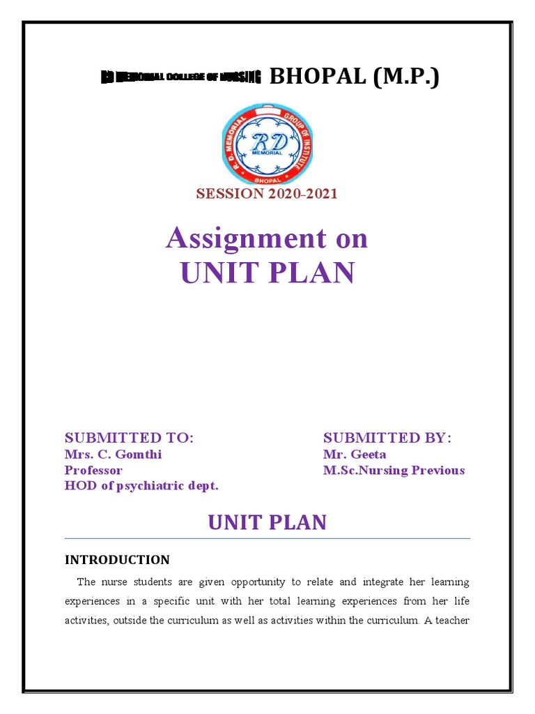 Assignment On Unit Plan: Bhopal (M.P.) | PDF | Curriculum | Lesson Plan