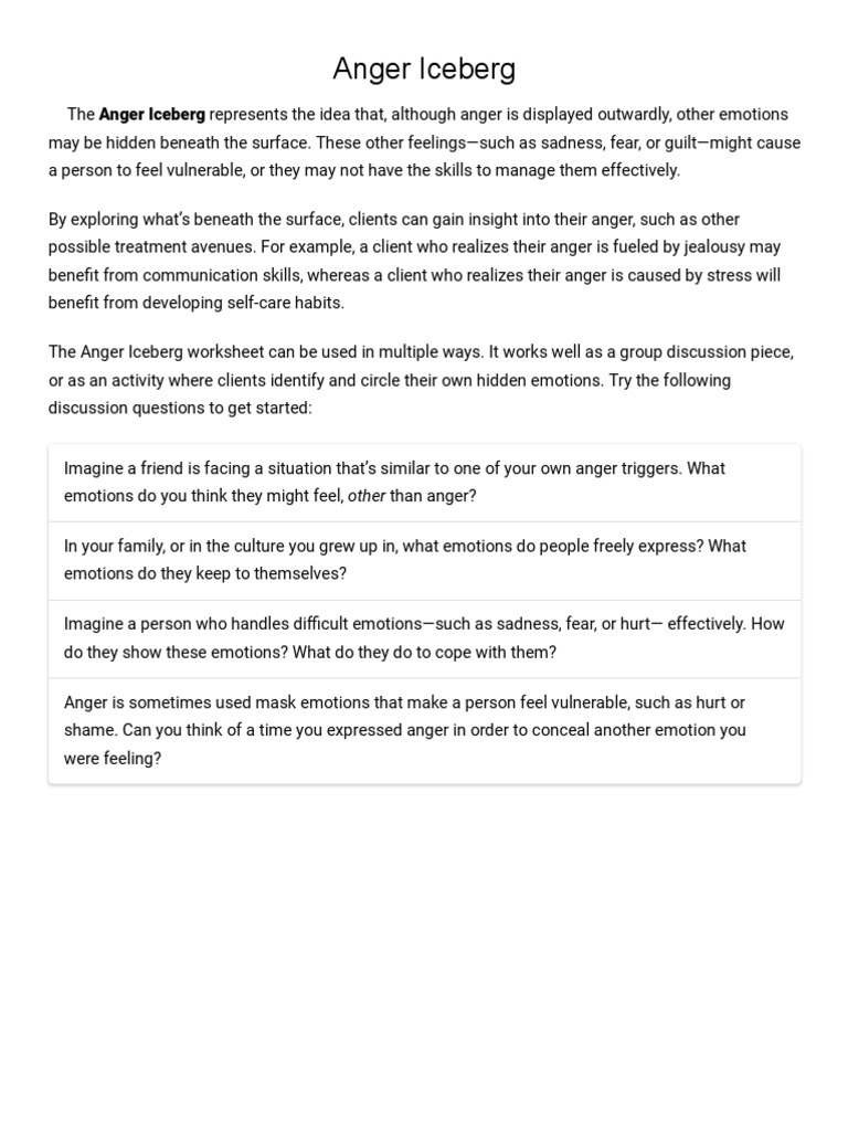 Anger Iceberg (Worksheet) - Therapist Aid PDF | PDF
