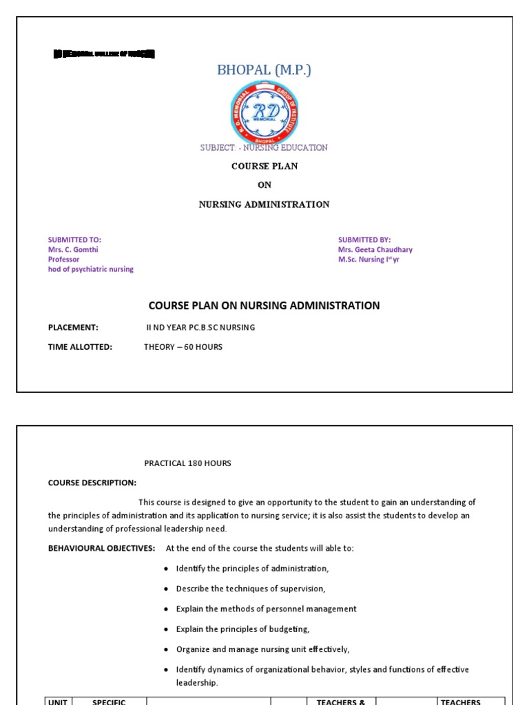 Nursing Administration Course Plan | PDF | Nursing | Test (Assessment)