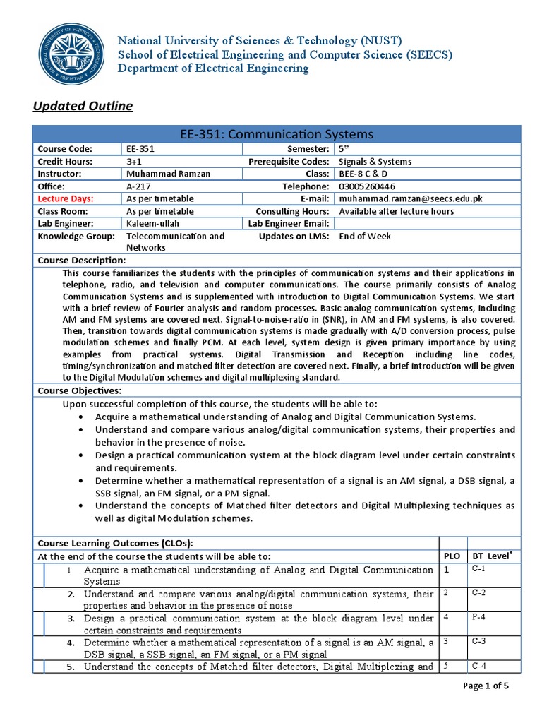 Ee 351 Communication Systems Course Outline Updated Pdf Modulation Data Transmission