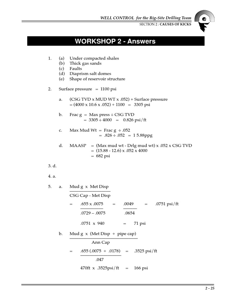 WORKSHOP 2 - Answers: WELL CONTROL For The Rig-Site Drilling Team | PDF ...