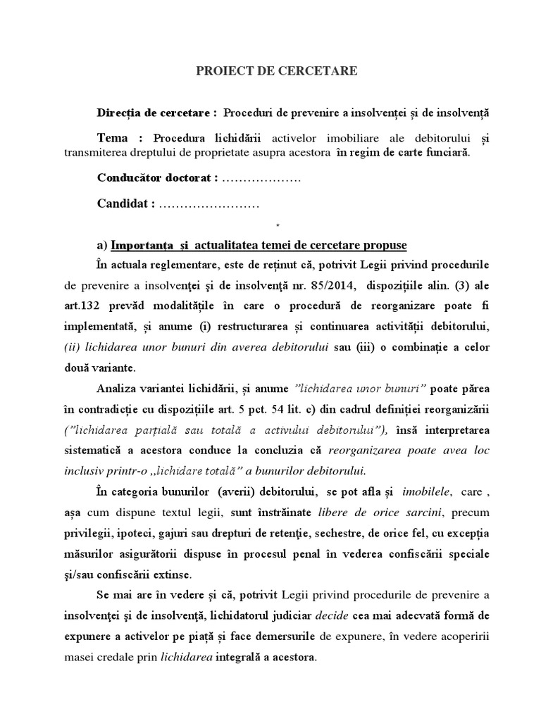 Model - Proiect de Cercetare - Doctorat Drept Insolventa | PDF