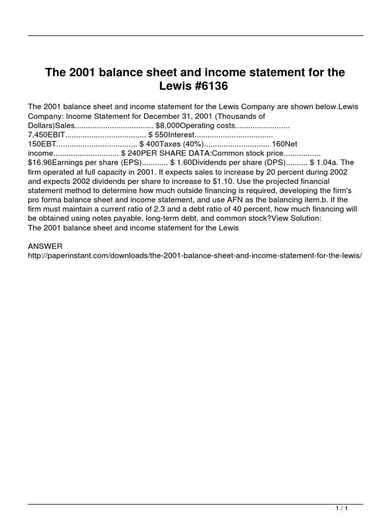 The 2001 Balance Sheet and Income Statement For The Lewis | PDF