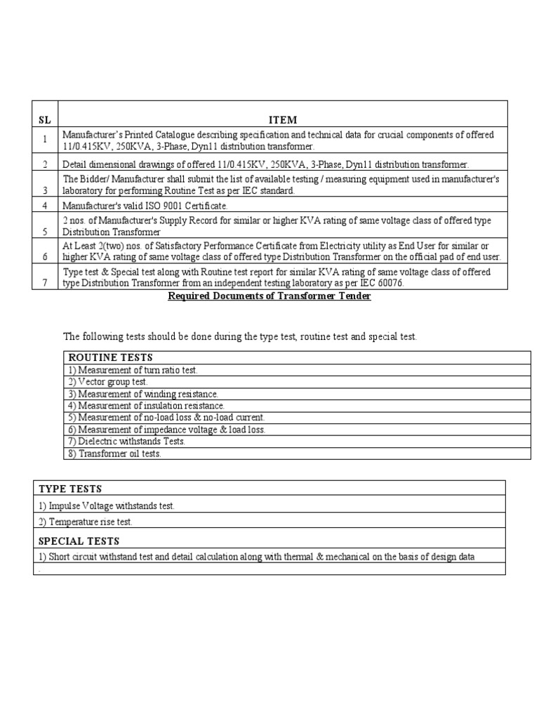250KVA Transformer Specs & Tests | PDF | Technology & Engineering