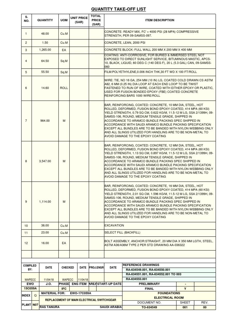Quantity Take-Off List: Index Replacement of Main Electrical Switchgear ...