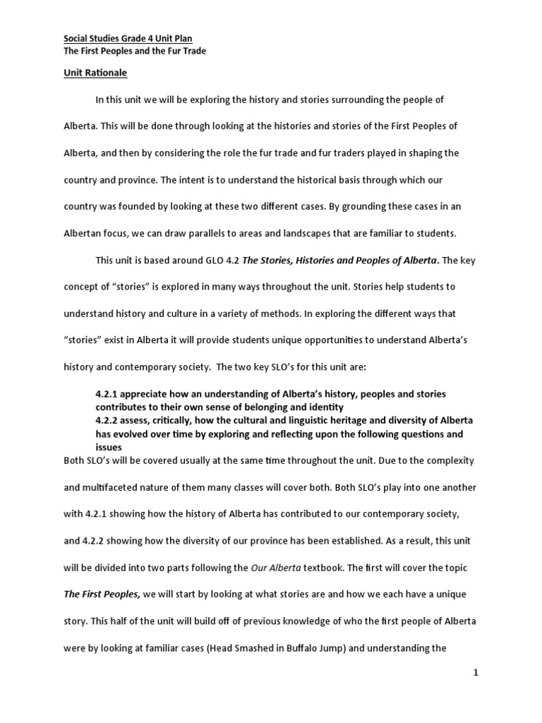 Social Studies Grade 4 Unit Plan The First Peoples and The Fur Trade ...