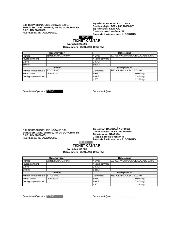 Tichet de Cântar (Demo) | PDF