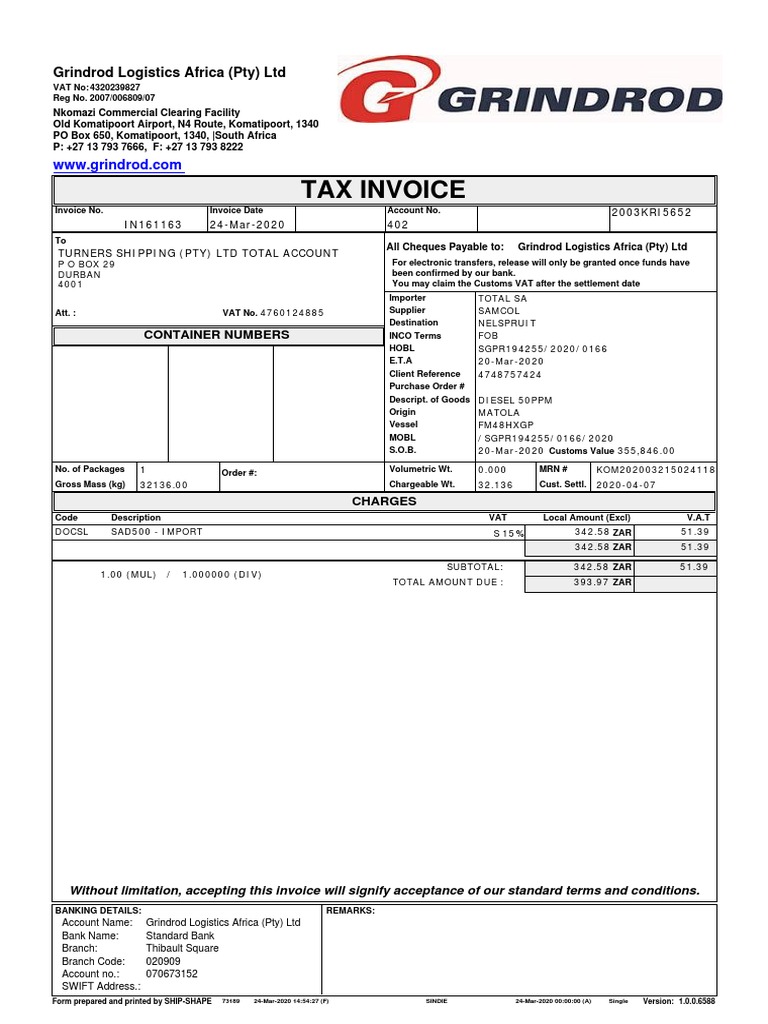 Tax Invoice: Grindrod Logistics Africa (Pty) LTD | PDF | Invoice ...
