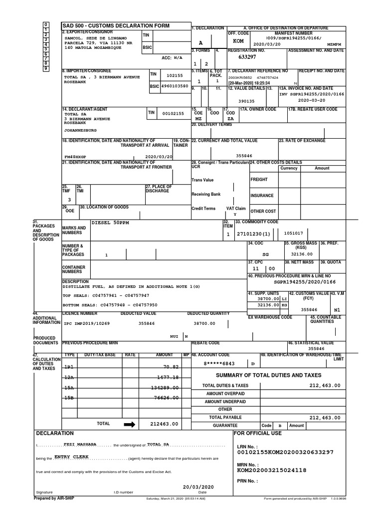 Sad 500 - Customs Declaration Form: KOM A | PDF | Tax Refund ...