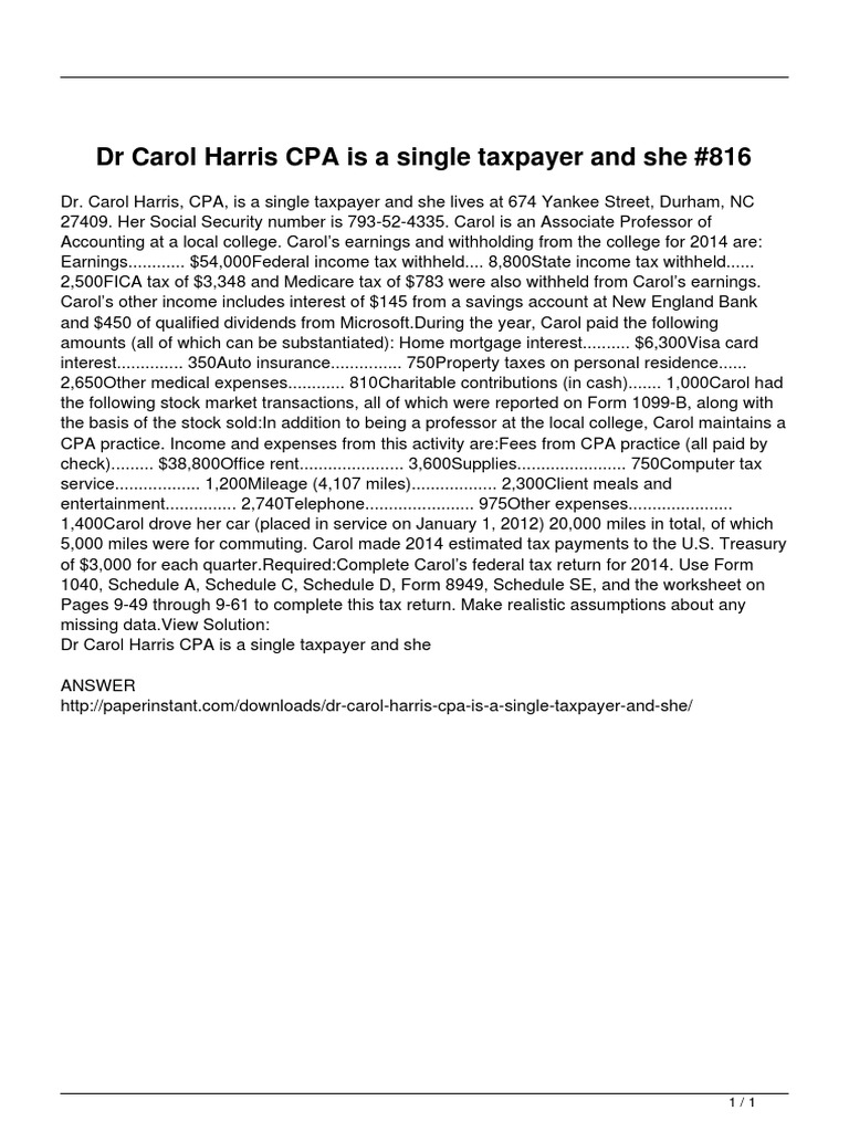 DR Carol Harris Cpa Is A Single Taxpayer and She | PDF | Withholding ...