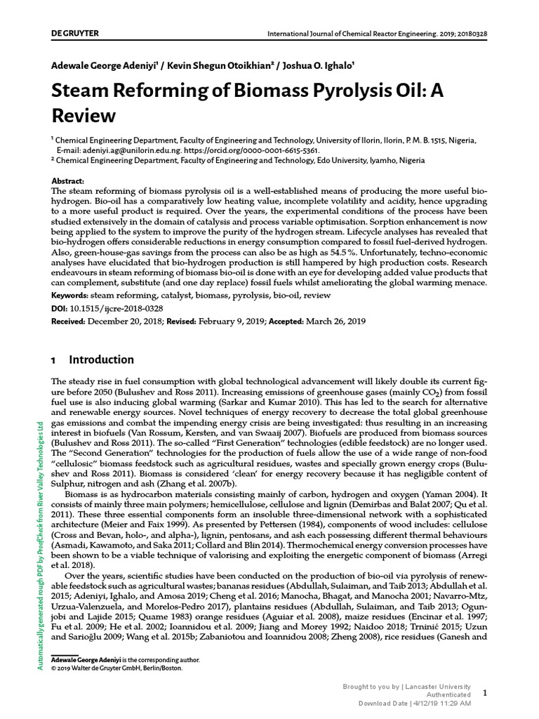 Steam Reforming of Biomass Pyrolysis Oil | PDF | Supercritical Fluid ...