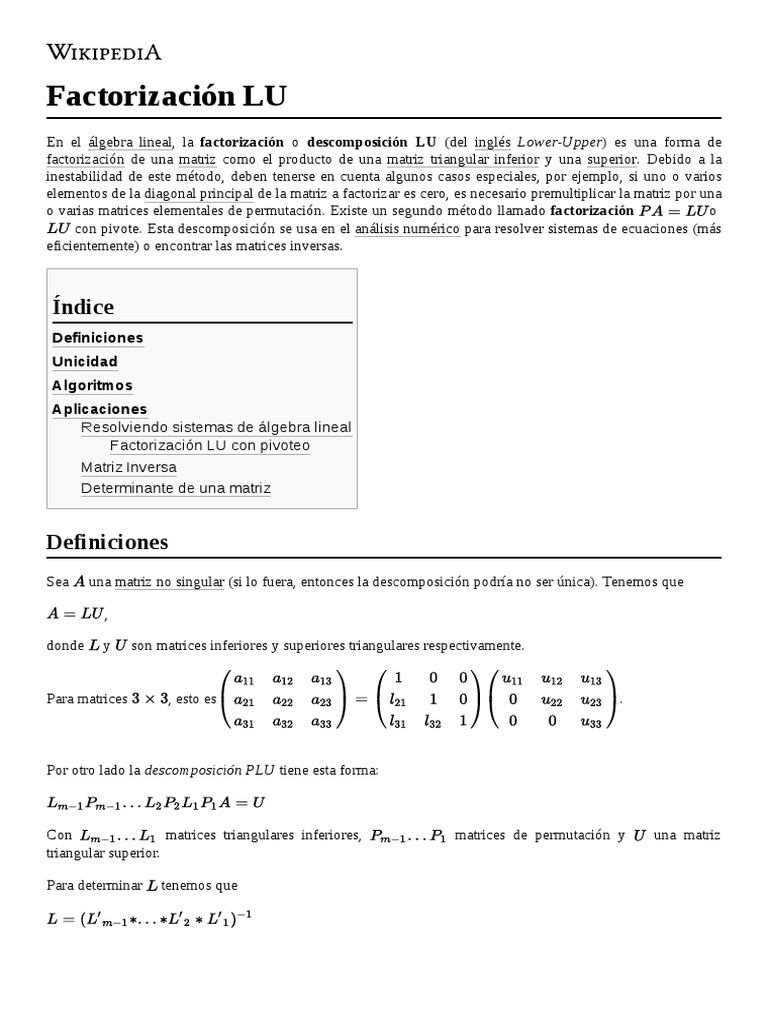 Factorización LU | PDF | Matriz (Matemáticas) | Relaciones matematicas