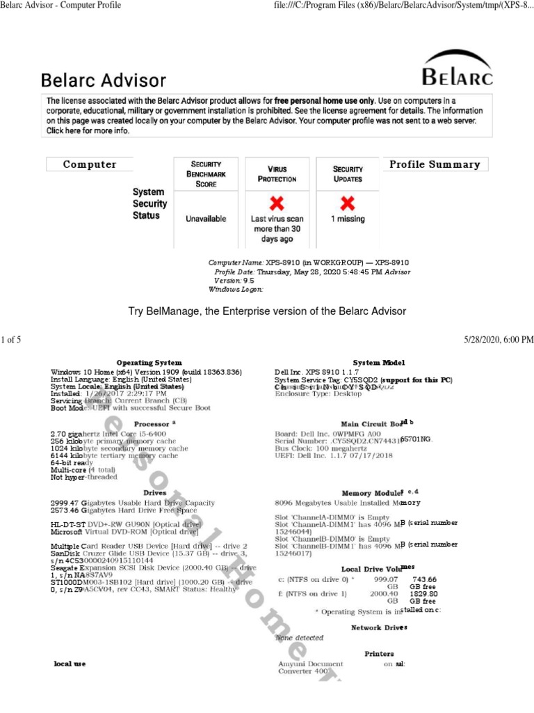 Belarc Advisor - Computer Profile May 28 | PDF | Windows 10 | Quick Books