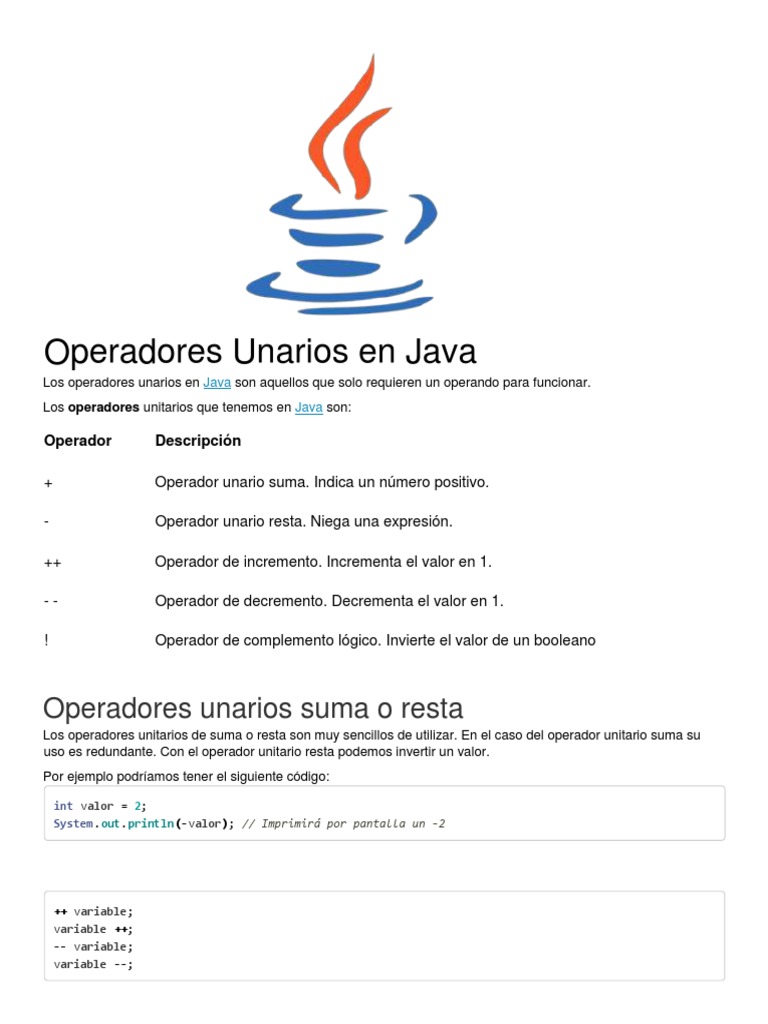 Operadores Unarios Java | PDF