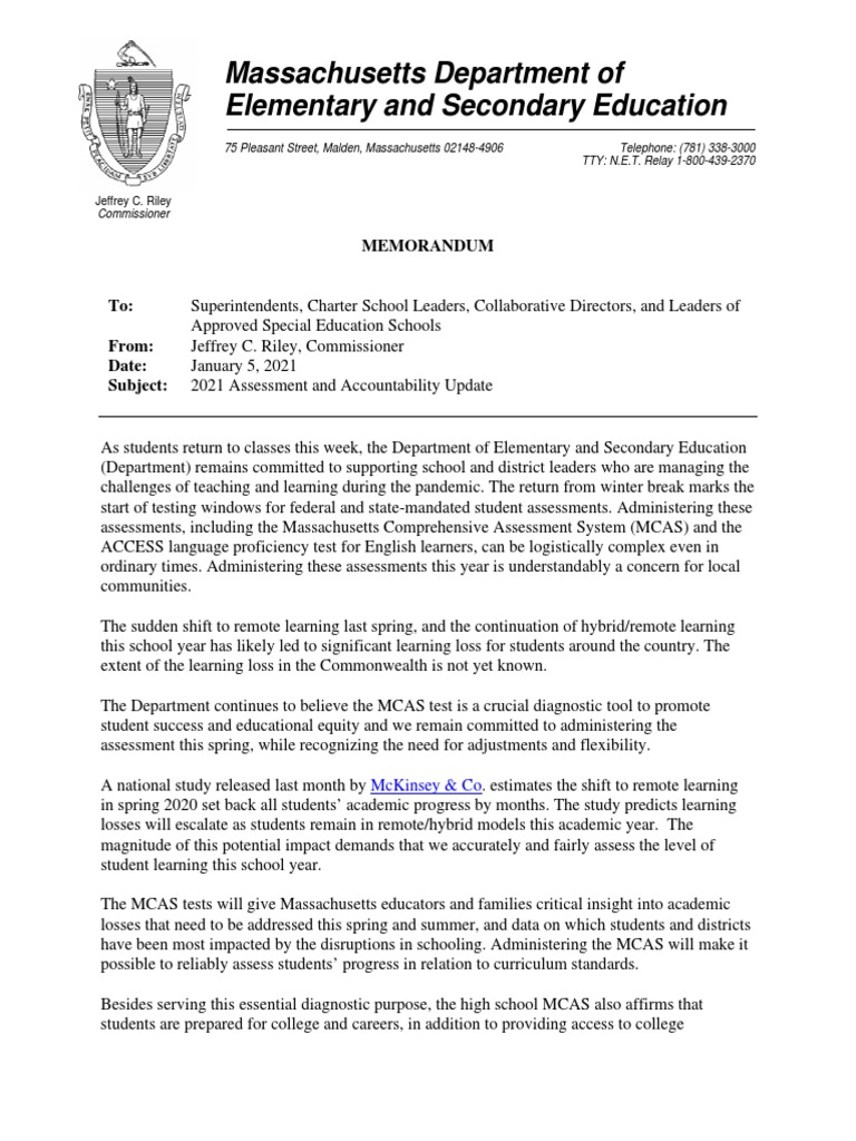 MCAS Assessment and Accountability Update Jan. 5 2021 | PDF | Social ...