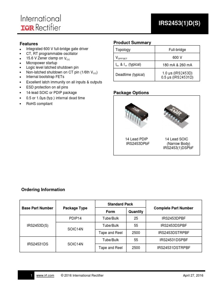 IRS2453 (1) D (S) : Features Product Summary | PDF | Rectifier | Diode