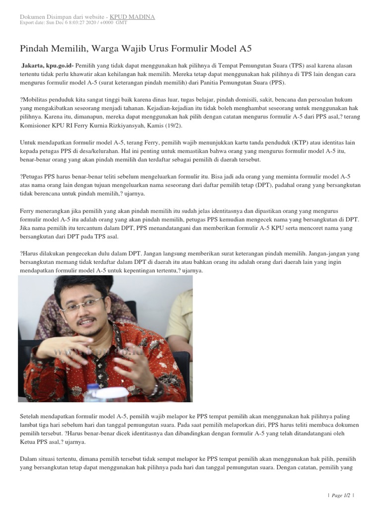 Pindah Memilih, Warga Wajib Urus Formulir Model A5 PDF | PDF