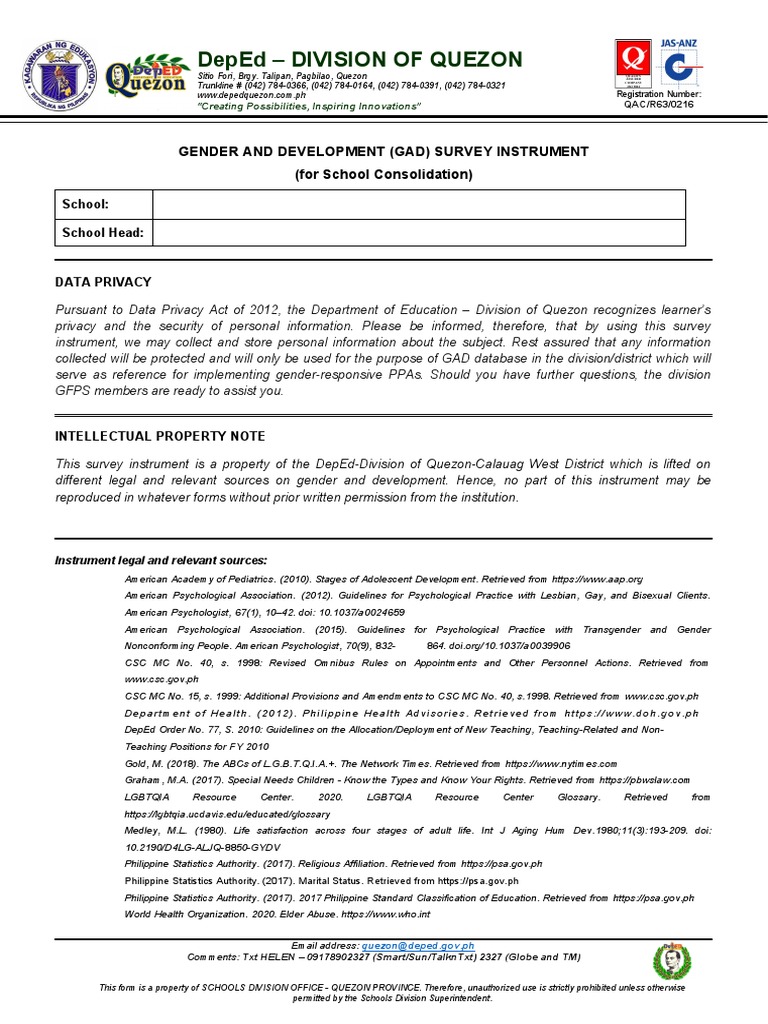 Deped - Division of Quezon: Gender and Development (Gad) Survey ...