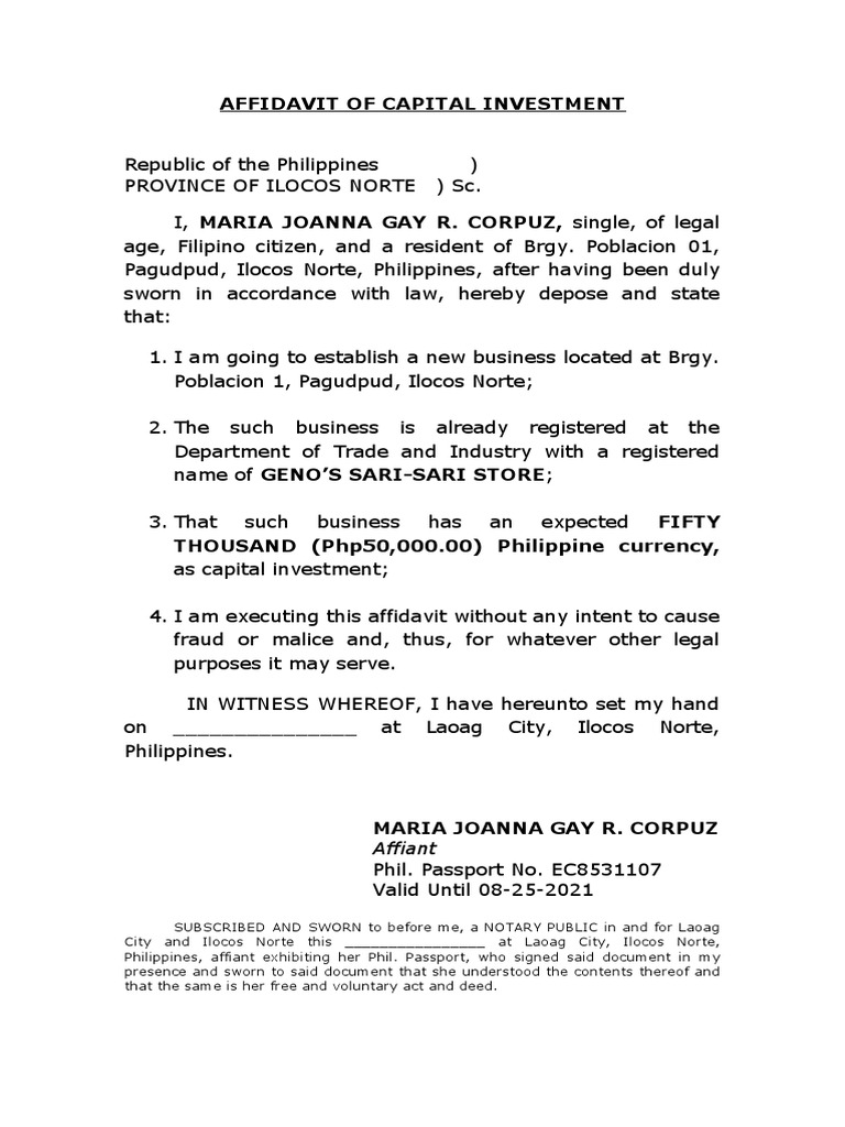 Affidavit of Capital Investment - Geno's Sari Sari Store | PDF