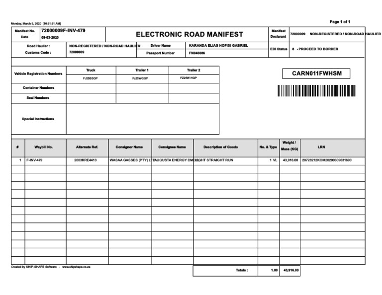 Electronic Road Manifest: 72000009F-INV-479 | PDF | Land Vehicles ...