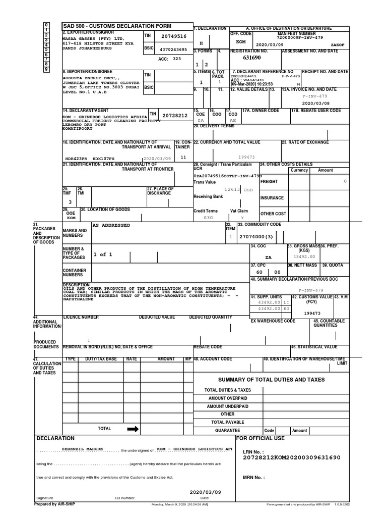 1 KOM 2 631690 20749516 KOM H: Sad 500 - Customs Declaration Form | PDF ...