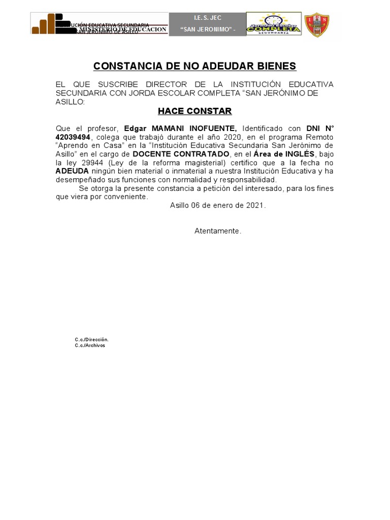 Constancia de No Adeudar Bienes | PDF