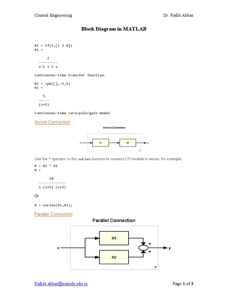 Block Diagram in MATLAB: Control Engineering Dr. Rafid Abbas | PDF