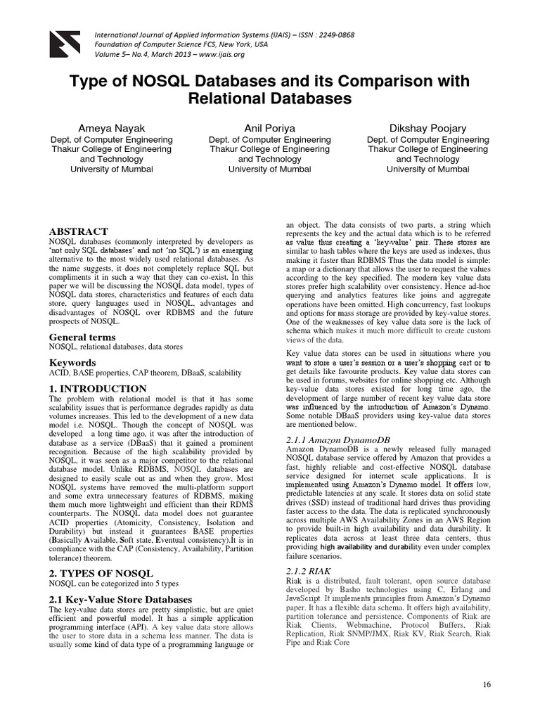 Type Of Nosql Databases And Its Comparison With Relational Databases Pdf Pdf No Sql