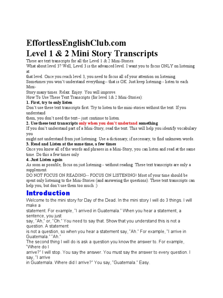 Level 1 & 2 Mini Story Transcripts: 1. First, Try To Only Listen | PDF