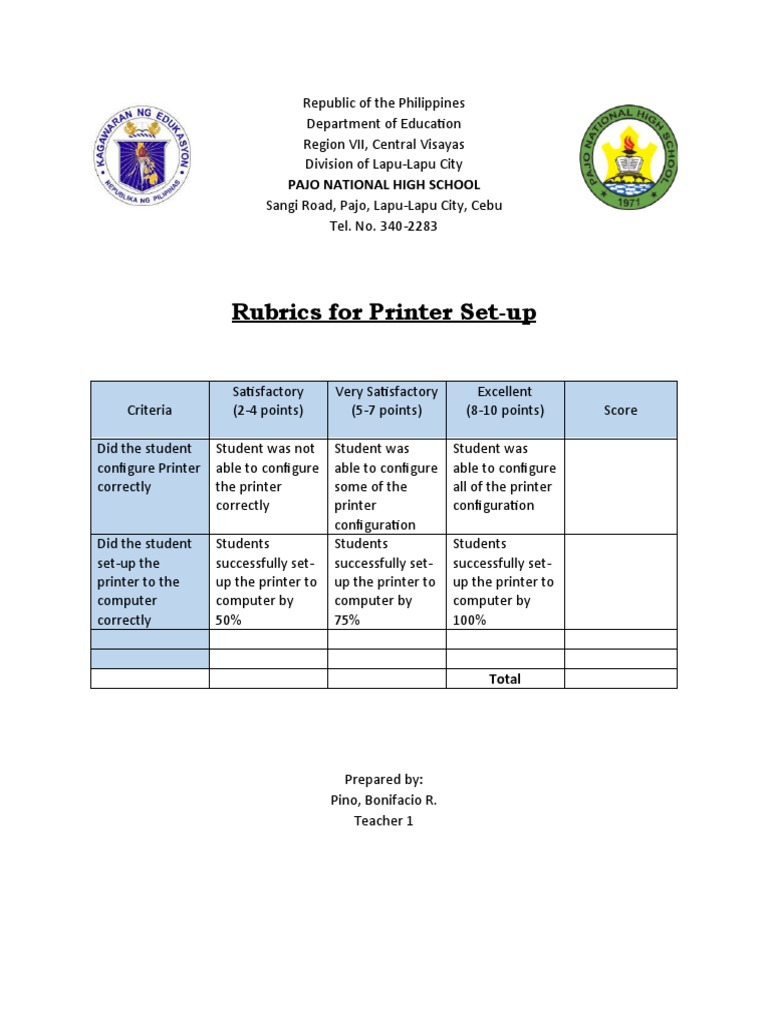 Rubrics For Printer Set-Up: Pajo National High School | PDF