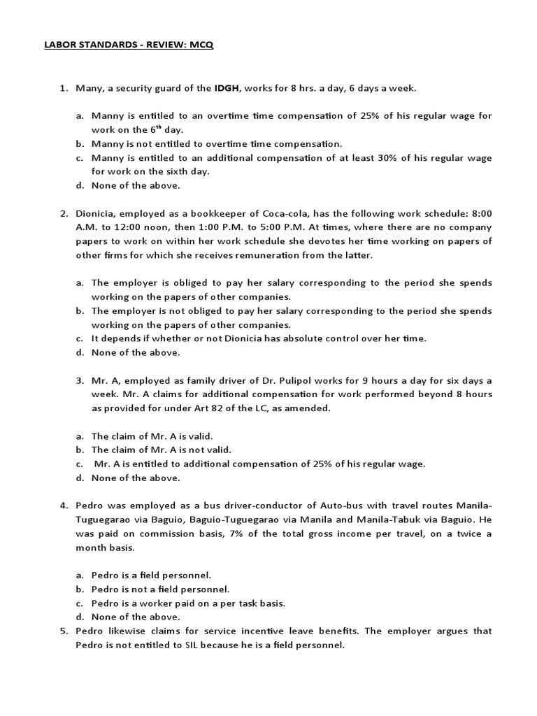 LABOR STANDARDS-quiz | Download Free PDF | Overtime | Employment
