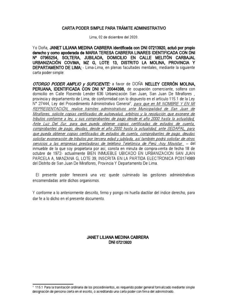 CARTA PODER SIMPLE PARA TRÁMITE ADMINISTRATIVO Nelley Yaneth Maria Teresa | PDF