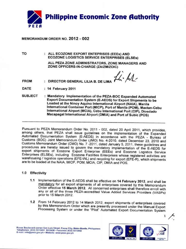 PEZA Memorandum | PDF