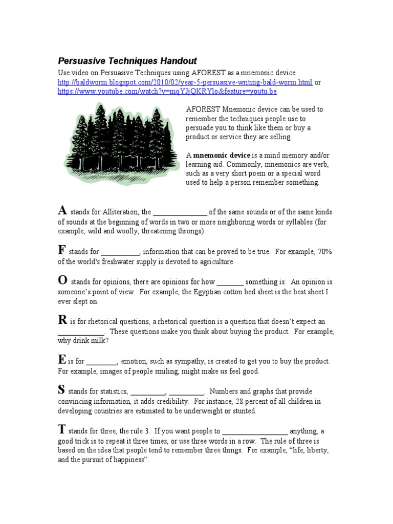 A F O R E S T Persuasive Techniques Handout PDF Mnemonic Question