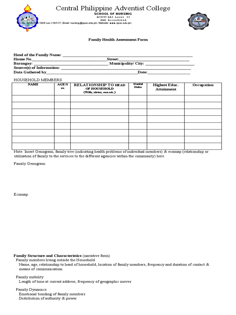 Family Health Assessment Template | PDF | Family | Foods