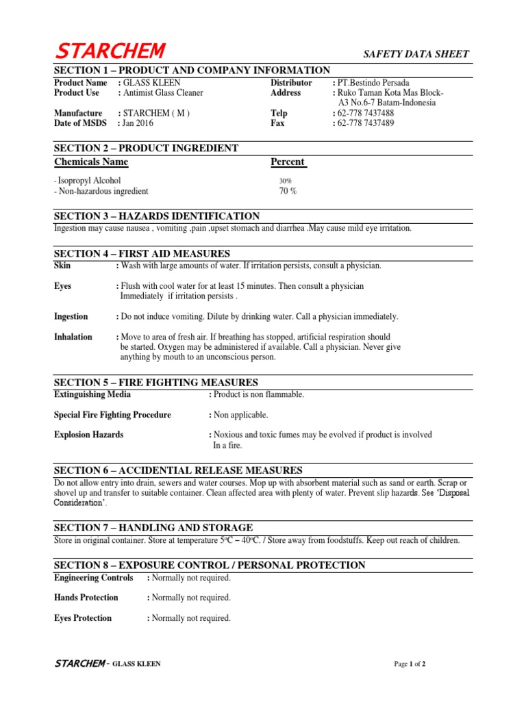 GLASS KLEEN SDS | PDF | Firefighting | Water