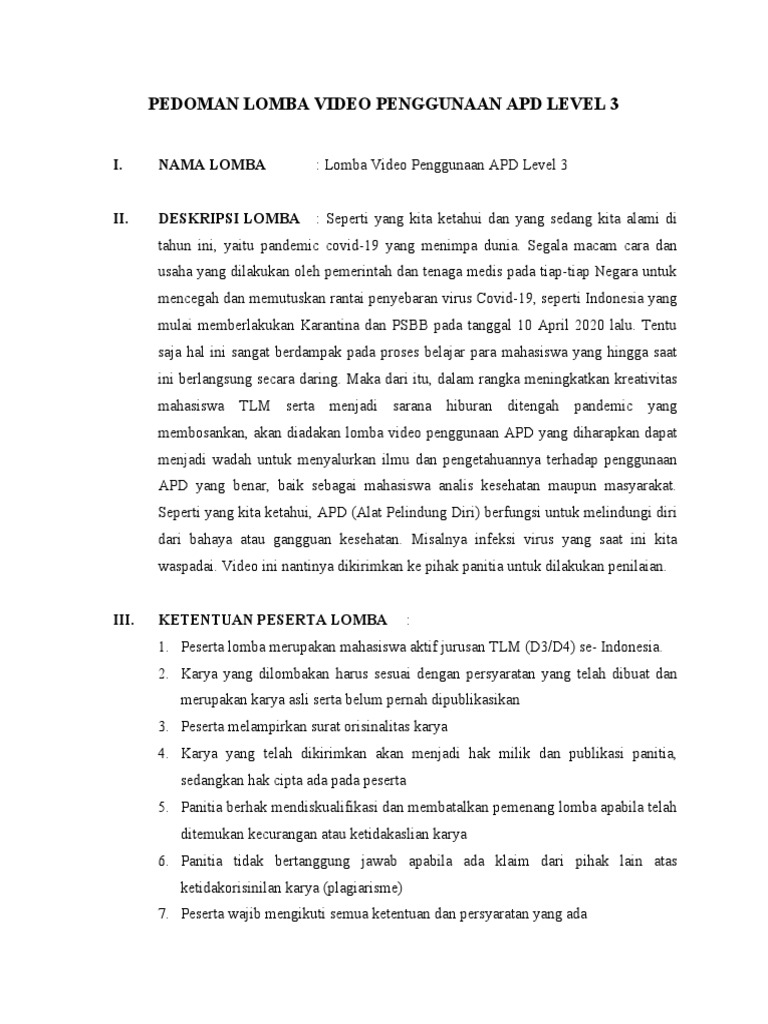 PEDOMAN LOMBA VIDEO PENGGUNAAN APD LEVEL 3 Fix | PDF