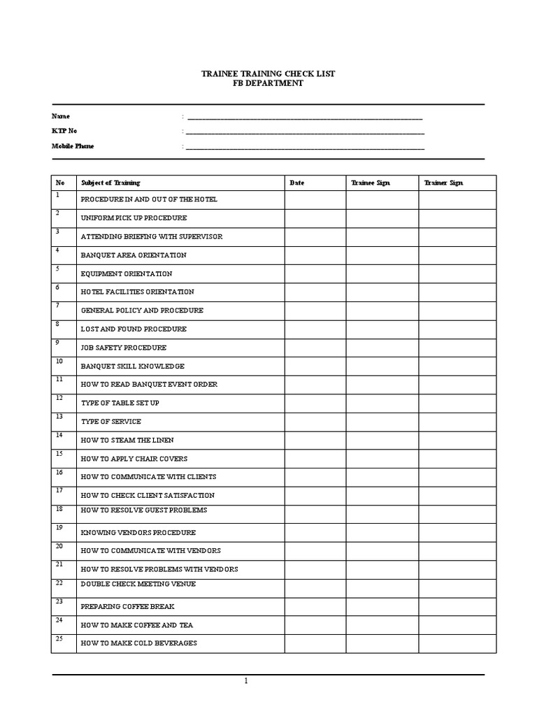 Trainee Training Check List FB Department | PDF | Restaurant And ...
