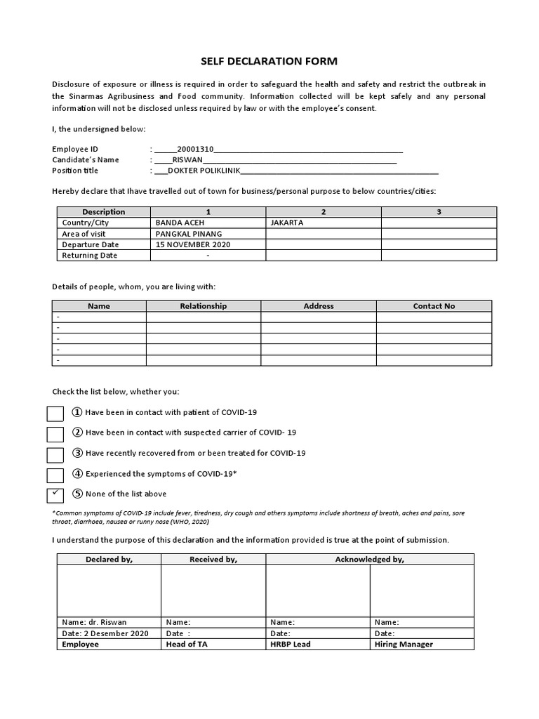COVID-19 Self Declaration Form | PDF | Diseases And Disorders ...