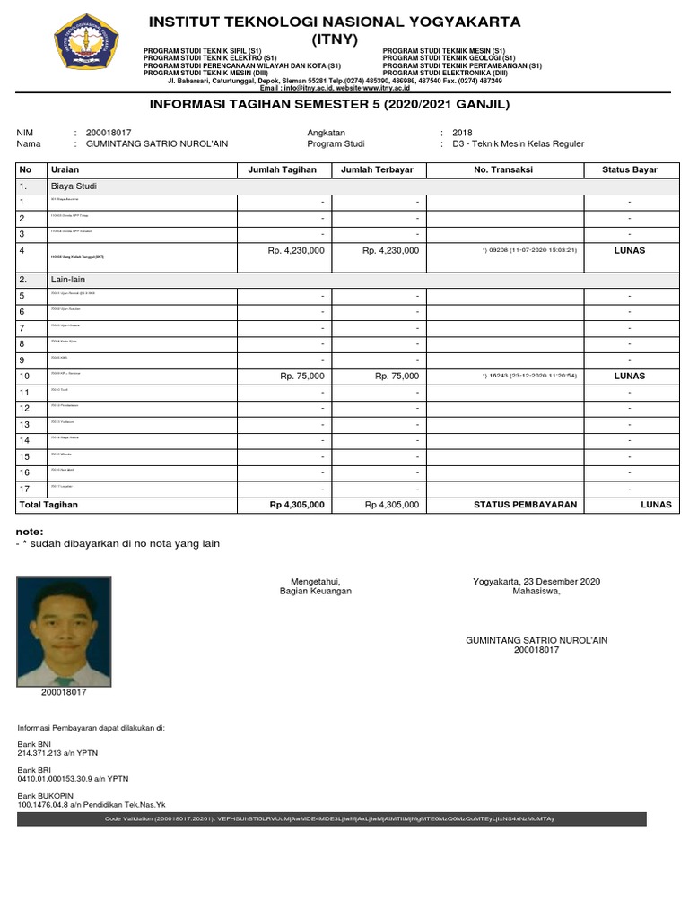 Institut Teknologi Nasional Yogyakarta (ITNY) : Informasi Tagihan ...