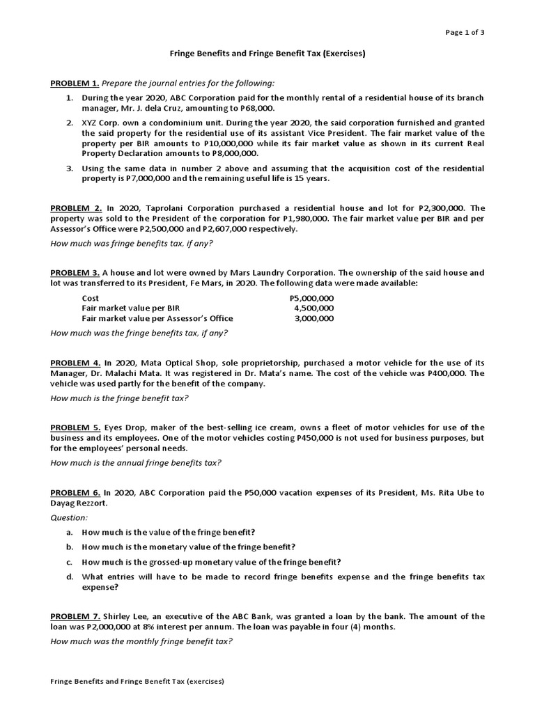 Fringe Benefits and Fringe Benefit Tax Exercises | Download Free PDF ...
