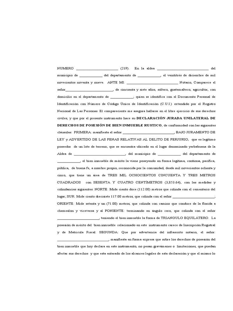02 Declaración Jurada Unilateral de Derechos de Posesión de Bien Inmueble Rustico | PDF ...