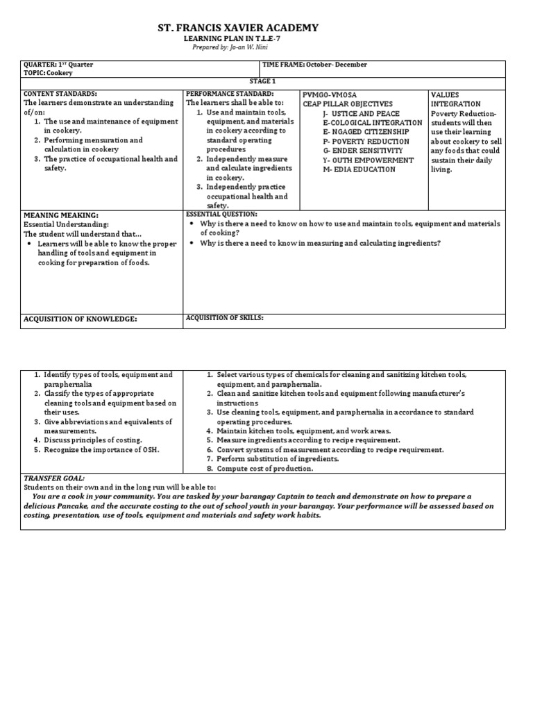 Preparing Students for Real-World Cooking: A Learning Plan for ...