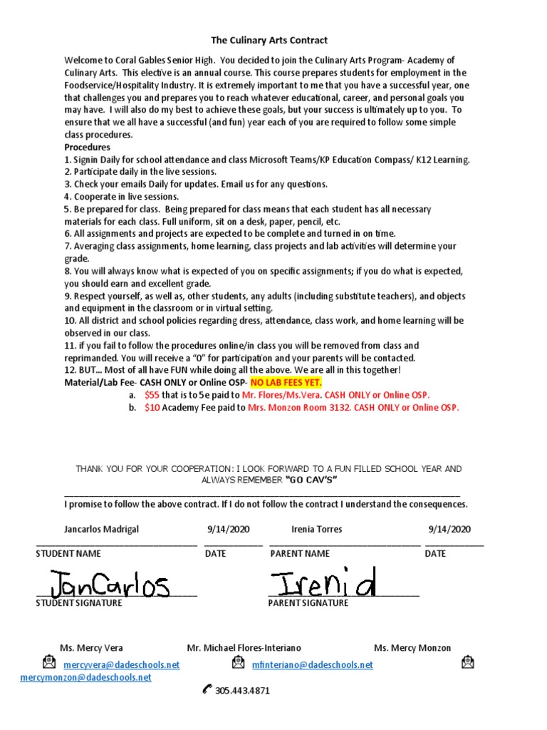Procedures: The Culinary Arts Contract | PDF | Teachers | Behavior ...