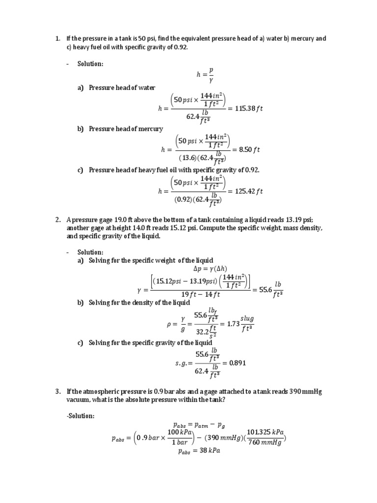 Fluid Mechanics Calculations | PDF | Pressure Measurement | Pressure