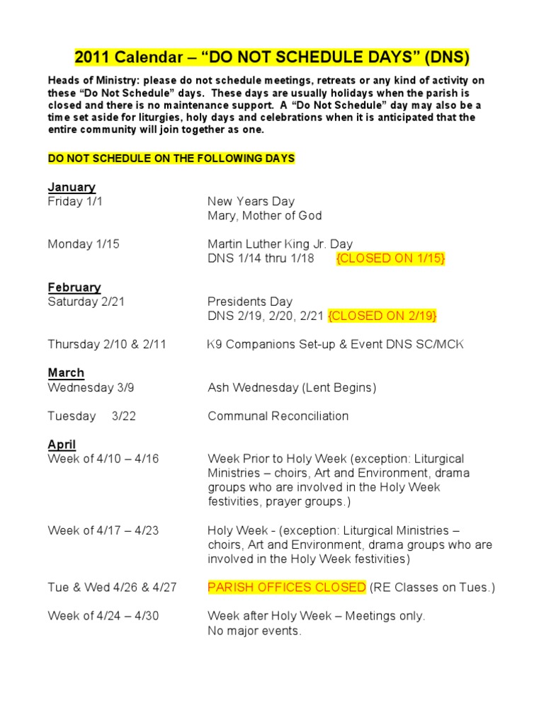 Do Not Schedule Calendar For 2011 | PDF | Liturgical Year | Religious ...
